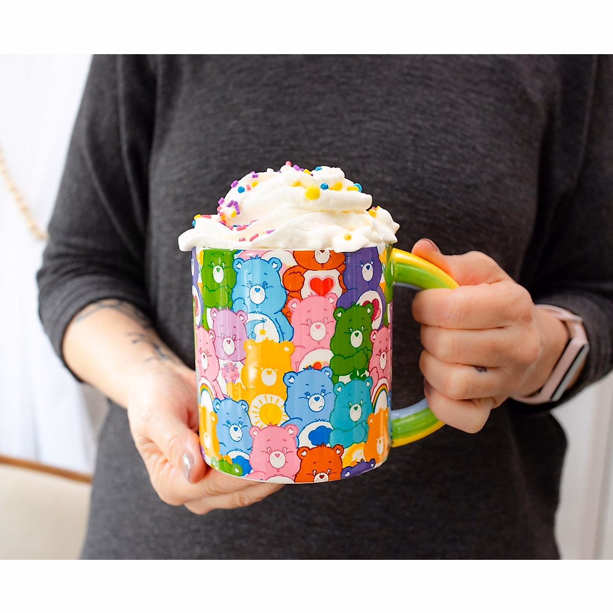 Care Bears Allover Print Ceramic Mug With Rainbow Handle | Large Coffee Cup For Tea, Espresso, Cocoa | Holds 20 Ounces