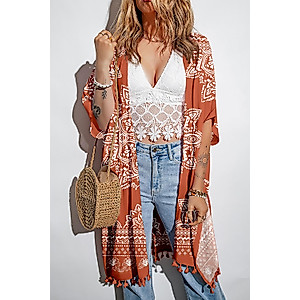 Dokotoo Womens Fashion 2025 Print Open Front Long Kimonos Cover up Pop Pop Tassel Split Cardigan Holiday Beach Swimsuit Coverup Swim Bikini Loose Bathing Suit Cover up Swimwear