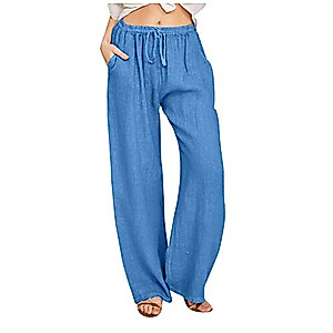 ZunFeo Women's Casual Linen Pants Smocked Waist Wide Leg Loose Fit Trousers Drawstring Palazzo Pants Summer Vacation Wear D-Blue