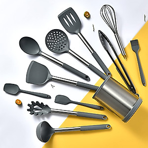 Keidason Kitchen Cooking Utensils Set, 12-piece Non-stick Silicone Kitchen Utensils Set Heat-resistant Stainless Steel Handle, BPA-Free, Cooking Tool Mixing Kitchen Tool Set (Gray)
