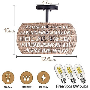 Rattan ceiling light With natural Woven，3-Lights Semi Flush Mount Ceiling Light,twine with Woven Lamp Shade,size 10*12",Boho Ceiling Light Fixtures for Kitchen Dining Room Bedroom Hallway Guesthouse