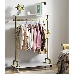 Child Clothes Rack, Kids Garment Rack Dress-up Closet, Rolling Pipe Open Clothing Rack with Storage Shelf, Industrial Wood Metal Clothes Organizer (two tiers one hanging rod kids garment rack)