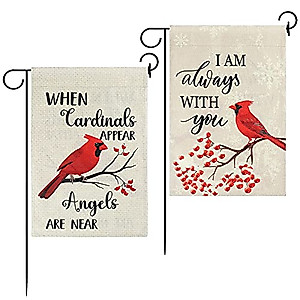 2 Pcs Cardinal Garden Flags Gifts Decor for Graves When Cardinal Appear Memorial Yard Flag I Am Always with You Cemetery Flag Bereavement Gift Outdoor Decoration, 12.5 x 18 Inch