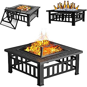 Fire Pit Outdoor Fire Pits with Heat-Resistant Coating Iron Tabletop Outdoor Wood Burning with Spark Screen Cover and Poker