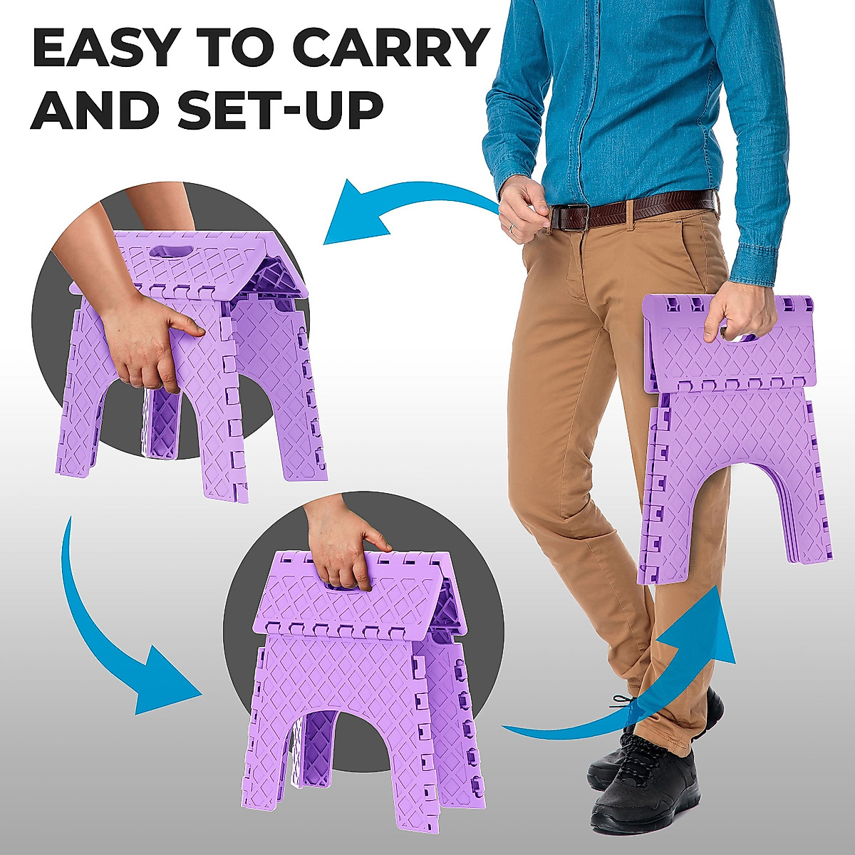 Mueller Folding Step Stool, 11 Inch Heavy Duty Step Stools for Kids and Adults, Lightweight and Portable Foldable Stool for Kitchen, Bathroom, Non-Slip and Sturdy, Holds up to 264lbs, Purple