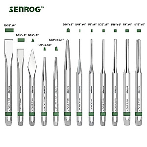 SENROG 12 Pieces Punch and Chisel Set, Alloy Steel 60Cr-v Made Punch Set, Mirror Surface and Chroming Gunsmith Punch Set, Including Flat Chisels, Taper Punch, Pin Punch Set, Center Punch, Cape Punch