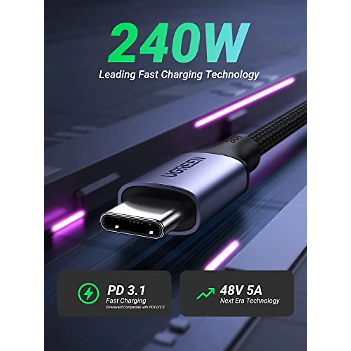 UGREEN 240W USB C Cable PD3.1 Downward Compatible with 140W 100W Fast Charging Compatible with MacBook Pro 2022, iPad Pro 2022, Elitebook, Dell XPS, Galaxy S23/S22/Z Fold, Pixel, Switch, etc. 6.6FT