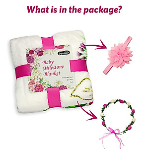 Baby Monthly Milestone Blanket Girl - Extra Soft, Large (60"X40") Thick Fleece - Baby Growth Chart Blanket - Baby Age Blanket for Photos - Baby Month Blanket Girls -Includes Headband and Floral Wreath