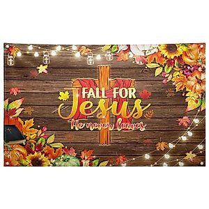 Swepuck 96x60inch Fall for Jesus Backdrop He Never Leaves Photography Background Autumn Thanksgiving Party Decoration Maple Leaves Pumpkin Friendsgiving Photo Banner