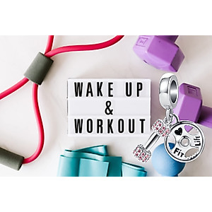 QeenseKc Dumbbell Barllbell Gym Workout Pendant Charm Sports Barbell CZ Bead for Pandora Bracelet Pink Aut-176_Dumbbell_10 0