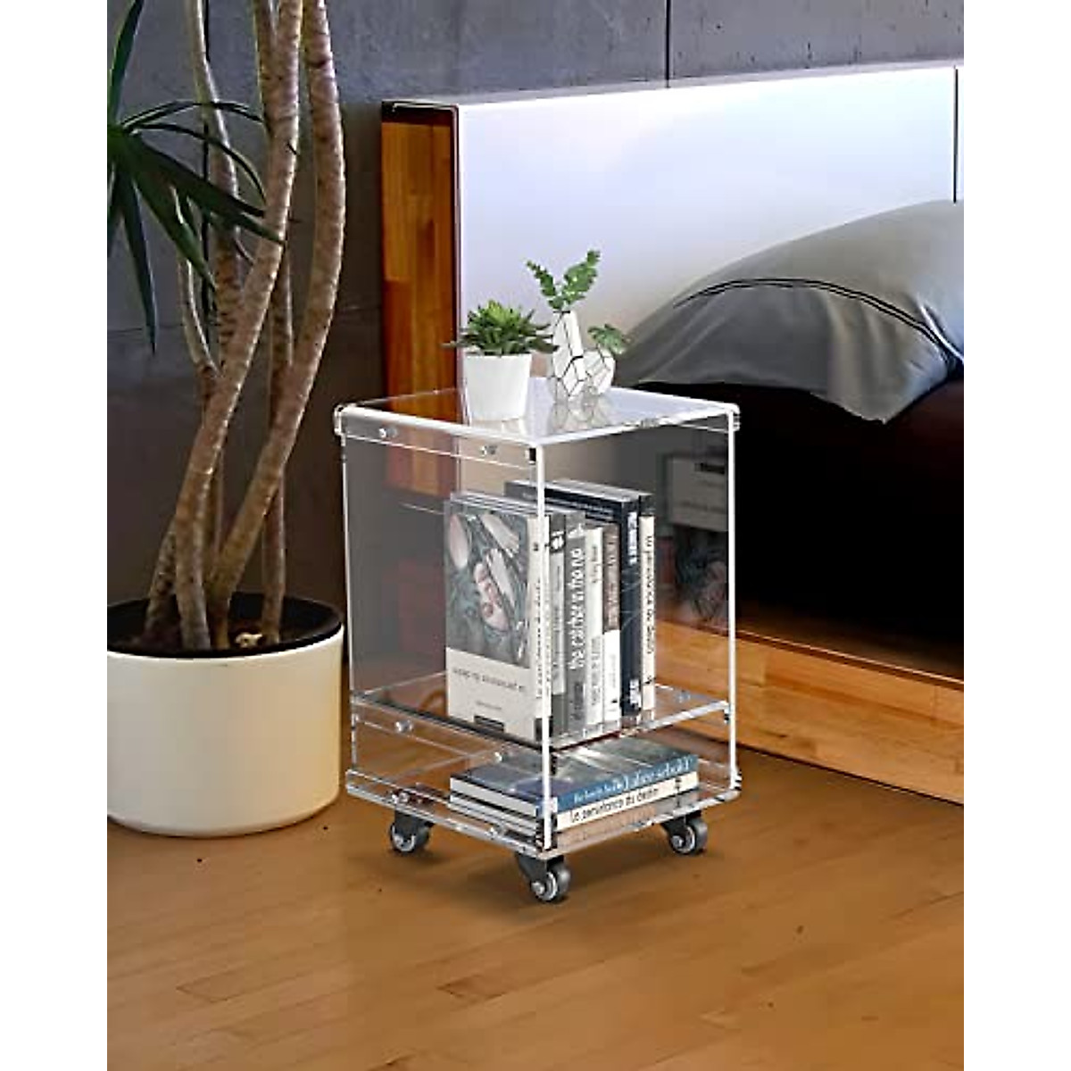 KSacry Acrylic Rolling Cart for Small Space,Mobile End Table with Two Tier Rolling Cart,Acrylic Nightstand/Bedside Table for Living Room, Bedroom (12.6" L × 11.8" W × 19" H)