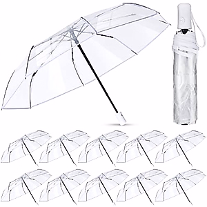 Sanwuta 12 Pack Transparent Folding Umbrella Full Automatic Clear Foldable Umbrella 8 Ribs Tri-Fold Auto Open Close Umbrellas for Rain Travel Wedding(White)