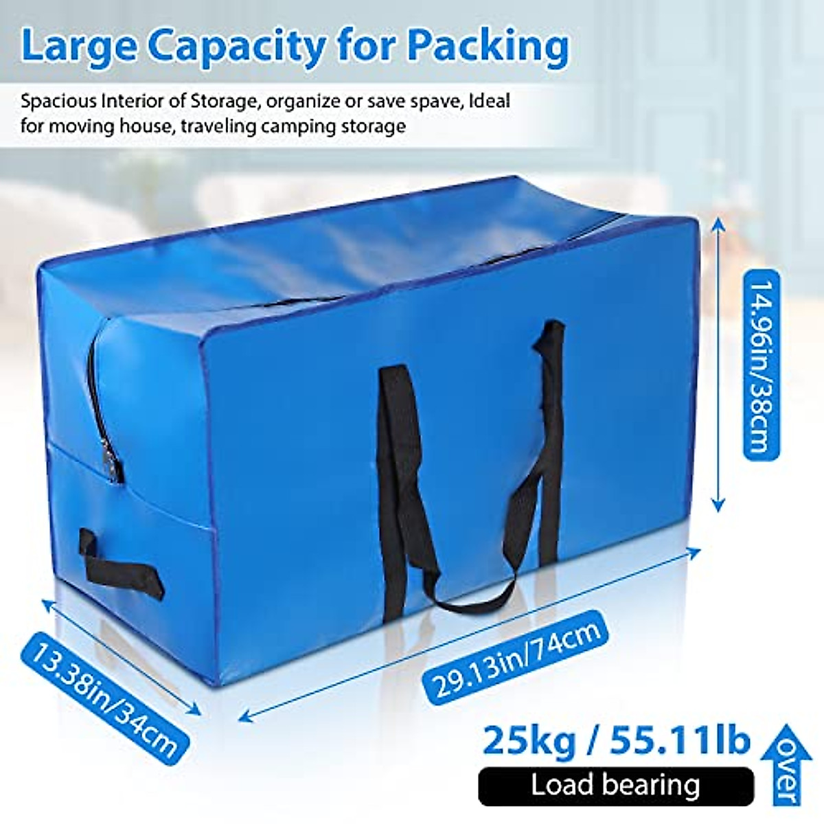 2Pack Heavy Duty Extra Large Moving Bags, Big Blue Moving Storage Bags, Packing Totes for Moving, with Zippers & Handles Waterproof Organizer, for Blanket Comforter Clothing Storage, Moving Supplies