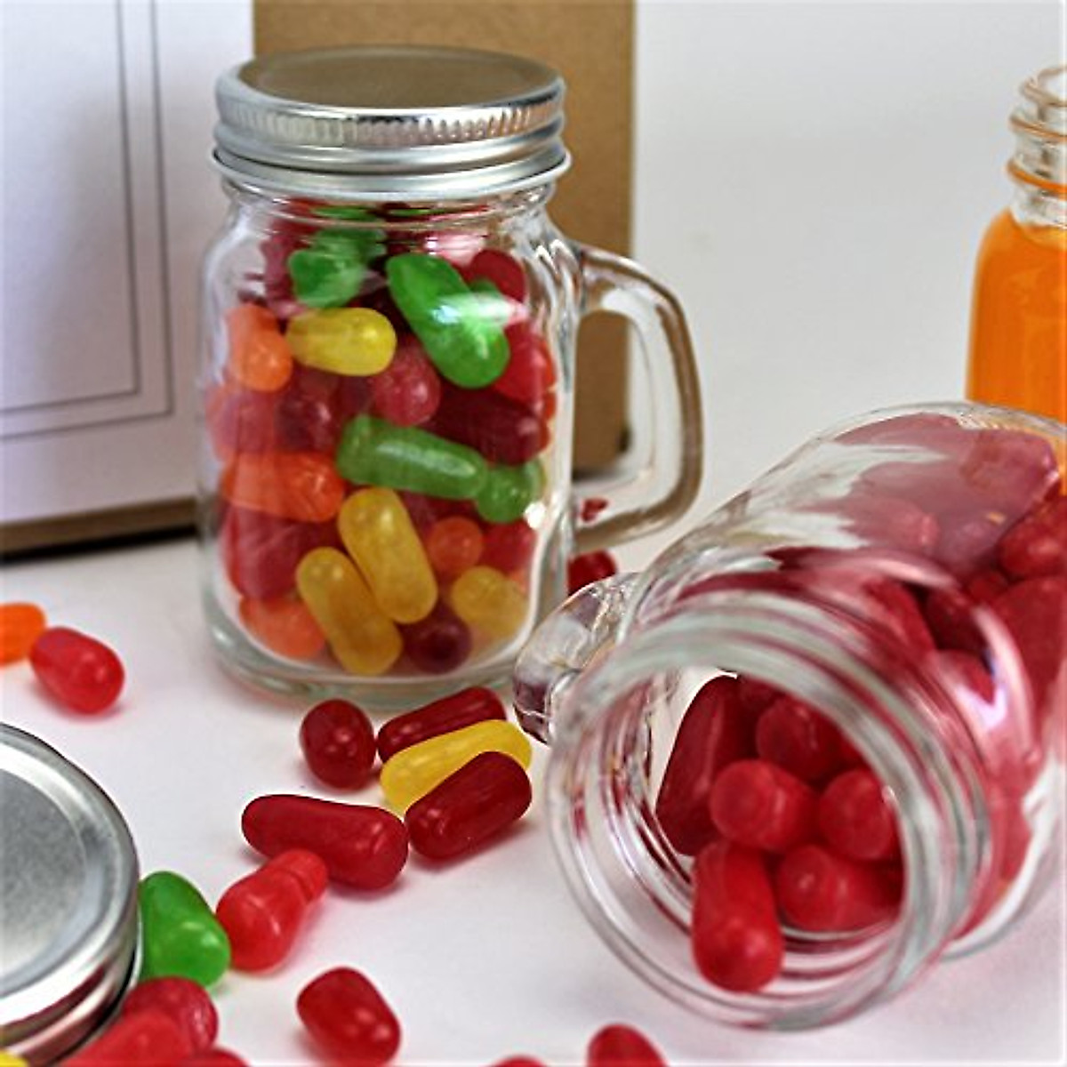 Mini Mason Jar 4 Ounce Mugs (Not Full Size) - Set of 12 Miniature Glasses With Handles And Leak-Proof Lids - Great For Gifts, Drinks, Favors, Candles And Crafts