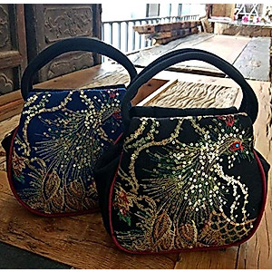 Women Mini Peacock Embroidery Handbag - Ethnic Retro Canvas Party Purse(Blue)