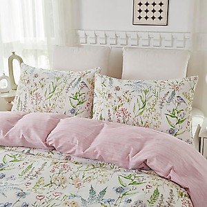 100% Cotton Pink Floral Duvet Cover Full Set -Green Leaf Floral Duvet Cover Sets,Soft & Breathable with Zipper Closure & Corner Ties,3pcs Garden Style Bedding Set- Spring Purple Red Rose Flower