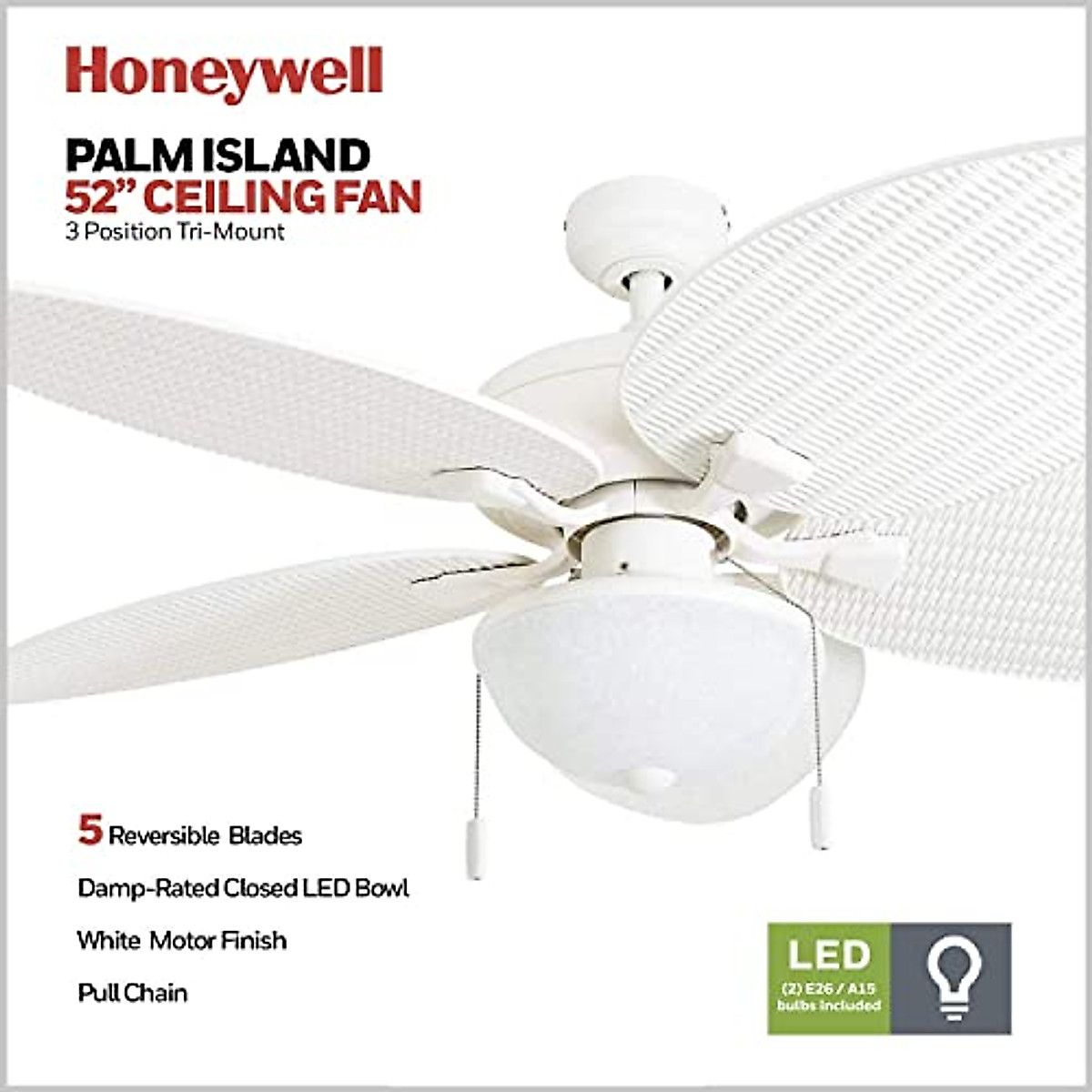 Honeywell Ceiling Fans Inland Breeze, 52 Inch Tropical Indoor Outdoor Ceiling Fan with Light, Pull Chain, Three Mount Options, Weather Resistant Blades - 50511-01 (White)