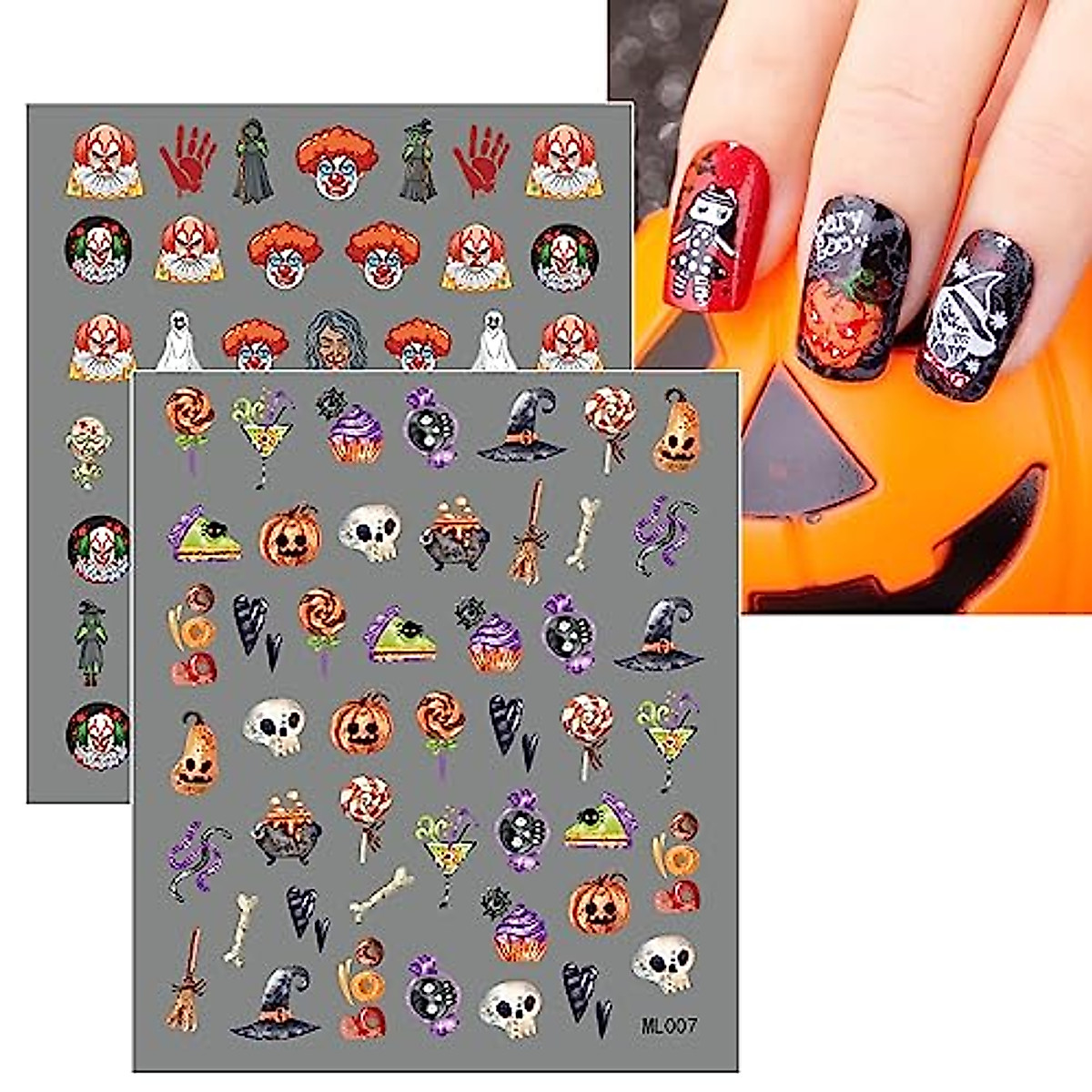 JMEOWIO 9 Sheets Halloween Nail Art Stickers Decals Self-Adhesive Pegatinas Uñas Skull Ghost Witchy Pumpkin Nail Supplies Nail Art Design Decoration Accessories