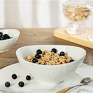 toptier Porcelain Bowls - 28 Ounce for Cereal, Salad, Desserts, Leaf Design Bowl - Set of 4, White