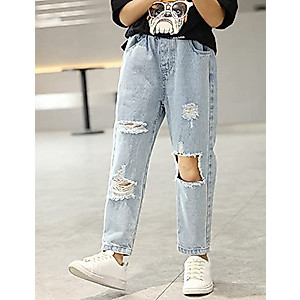 QIBABU Kid Big Girl's Baggy Ripped Jeans Elastic Waist Washed Denim Pants for 8-14 Years(0865-Blue-14Y-QB)