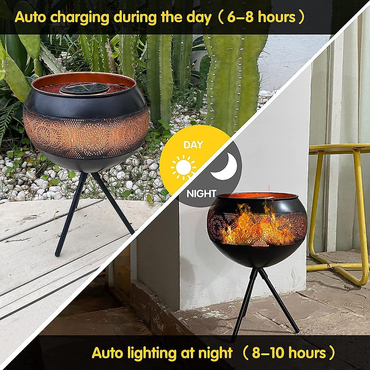 Larekook Outdoor Lantern Flickering Flame Light Solar Floor Lamp Waterproof Retro Lantern Metal Brazier Light Decor for Yard Patio Garden （Auto On/Off）