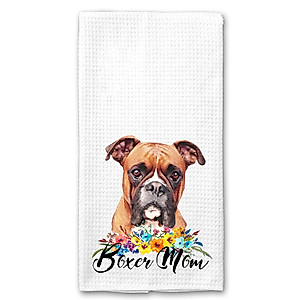 Boxer Mom Floral Waffle Weave Microfiber Kitchen Hand Towel Gift for Dog Lover