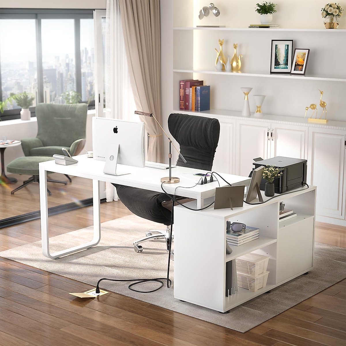 Homieasy L Shaped Desk with File Cabinet & Power Outlet, Reversible 55 Inch Large Corner Computer Desks with LED Strip, L-Shaped Desk with Drawers and Storage Shelves for Home Office, White