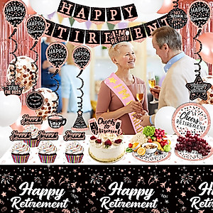 Happy Retirement Party Decorations women - (80pack) rose gold party Banner, Pennant,Hanging Swirl,birthday balloons,Foil Backdrops,Tablecloths,cupcake Topper,Crown, plates,Photo Props,retired Sash