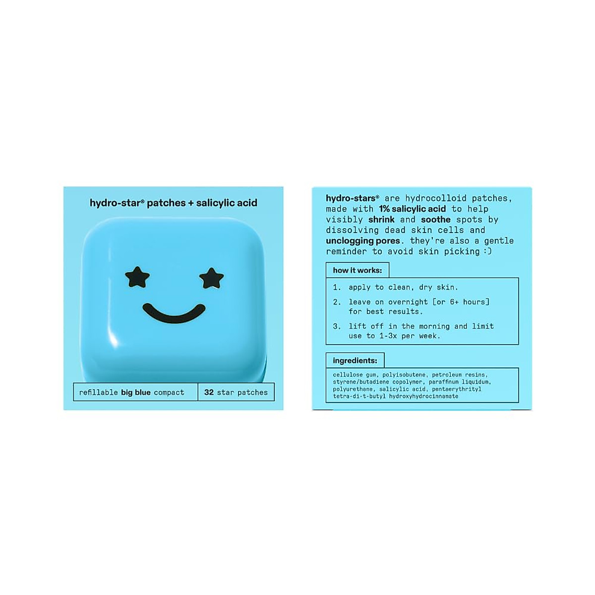 Starface Hydro-Star + Salicylic Acid Pimple Patches and Big Blue Compact, Helps Shrink and Soothe Deeper Spots, Cute Star Shape, Vegan, 32 count