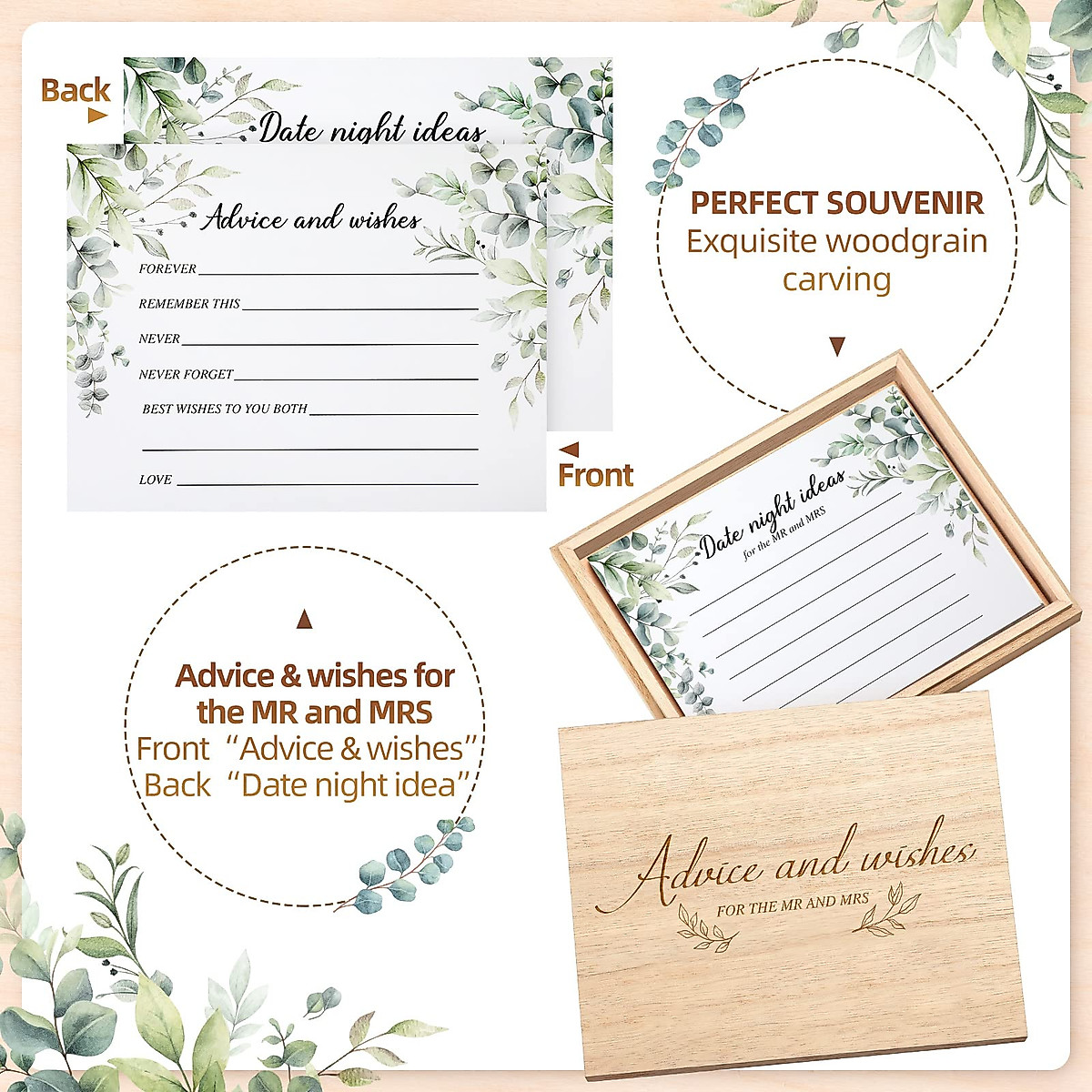 Ctosree 50 Pcs Advice and Wishes Card for The New Mr and Mrs Wedding Advice Card for Bridal Shower with 1 Advice Card Box Reception Guest Book for Bride Groom Newlywed Engagement Party Decoration