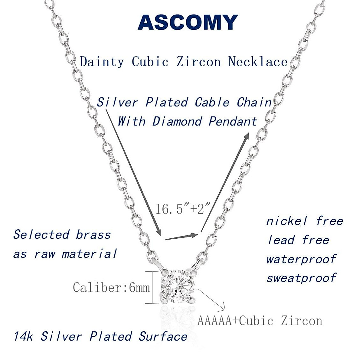 ASCOMY Dainty Silver Square Cubic Zirconia Solitaire Pendant Necklaces for Women Tiny Single Sparkly CZ Simulated Diamond Necklace Simple Shinning Bride Bridesmaids Weeding Jewelry Gifts