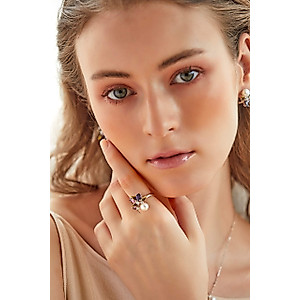 Anthia Jewelry Womens Sterling Silver High Shine Sparky Cubic Zirconia Multi Gemstone White Imitation Pearl Comfy Fit Floral Flower Fashion Jewelry Accessory Cute Band Ring, Purple & Pink, Size 7