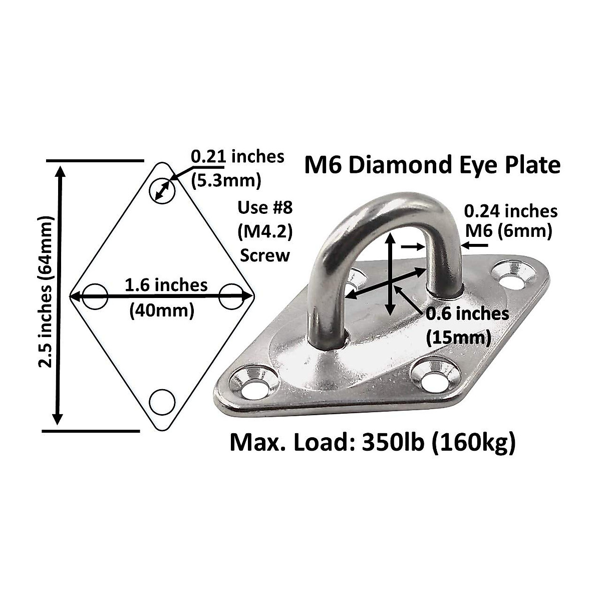 Branded Boards Heavy Duty M6 Ceiling Hook Diamond Pad Eye Plate, 304 Stainless Steel and Black Zinc Galvanized Steel Corrosion Resistant, 2, 4 & 8 Packs (2-Pack-Zinc-M6)