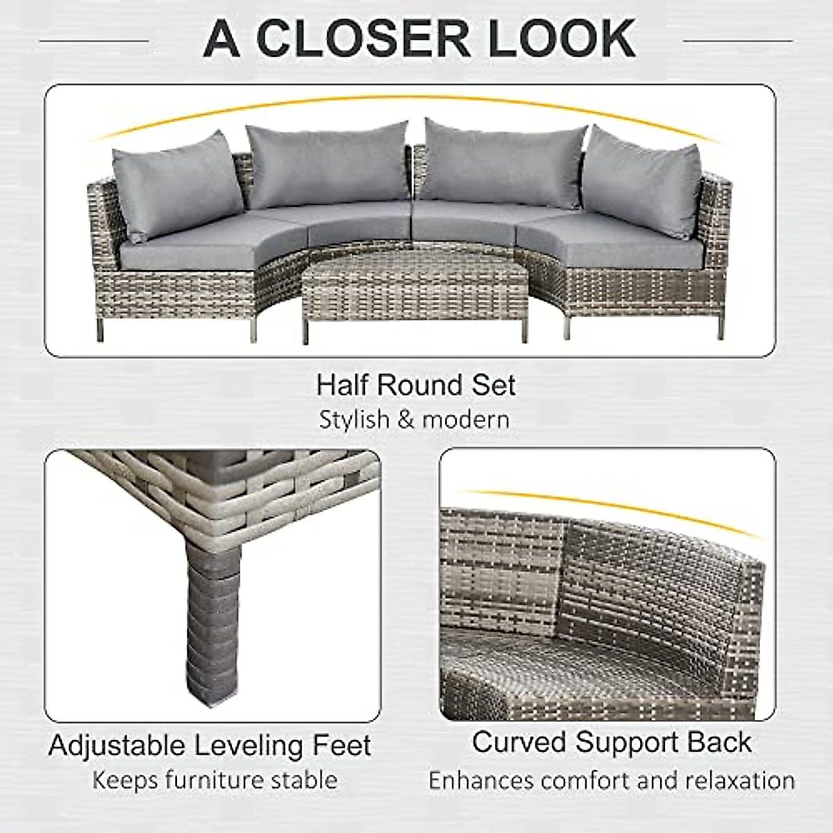 Outsunny 5PC Outdoor Patio Furniture Set Garden Sectional Rattan Wicker Sofa Set Cushioned Half-Moon Seat Deck w/Pillow, Gray