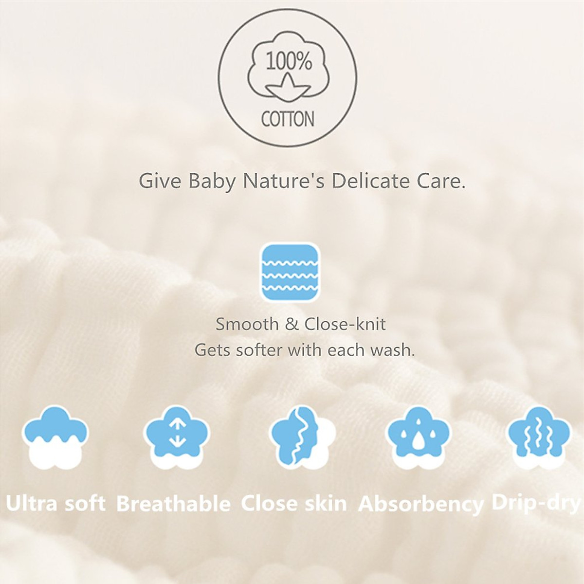 MUKIN Baby Muslin Washcloths - Natural Muslin Cotton Baby Wipes - Soft Newborn Baby Face Towel and Muslin Washcloth for Sensitive Skin- Baby Registry as Shower , 5 Pack 12x12 inches