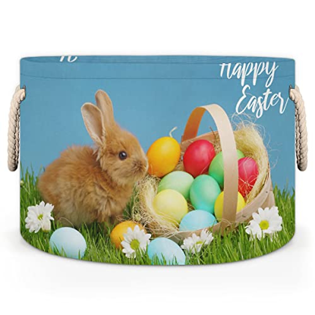 Happy Easter Funny Rabbits (9) Large Round Baskets for Storage Laundry Baskets with Handles Blanket Storage Basket for Bathroom Shelves Bins for Organizing Nursery Hamper Girl Boy