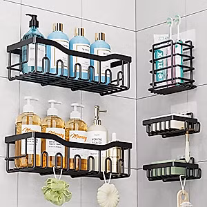 FAFOOU Shower Caddy, Bathroom Shower Organizer [5-Pack], Adhesive Shower Shelves for Bathroom Storage, Stainless Steel Rustproof Large Shower Shelf for Inside Shower Rack Wall Mounted, Black
