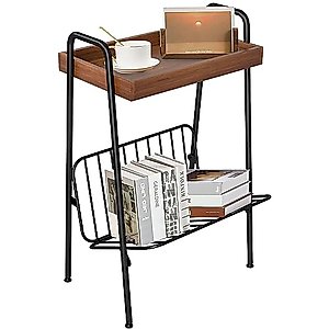 graffitimaster Small Side Table for Living Room Bedroom, Wood End Table for Small Spaces with Storage Magazine Holder, 2-Tier Storage Nightstand Bedside Table Rustic Snack Table Bed Side Table