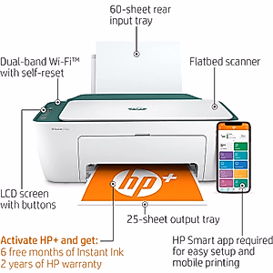 HP DeskJet 27 42e Series Wireless Inkjet Color All-in-One Printer - Print Copy Scan - Mobile Printing - USB Connectivity - Up to 7 ISO PPM - Up to 4800 x 1200 DPI - Sequoia + HDMI Cable