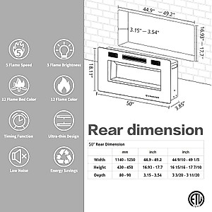ZAFRO Electric Fireplace 50'' with Remote Control, Recessed Wall Mounted Electric Fireplace with Adjustable 12-Color Flame Brightness & Speed