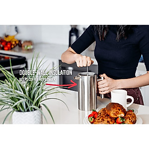 Barista Warrior French Press with Thermometer - Insulated Coffee Press - Stainless Steel French Press Coffee Maker (1.0L | 34 fl oz) (Black)