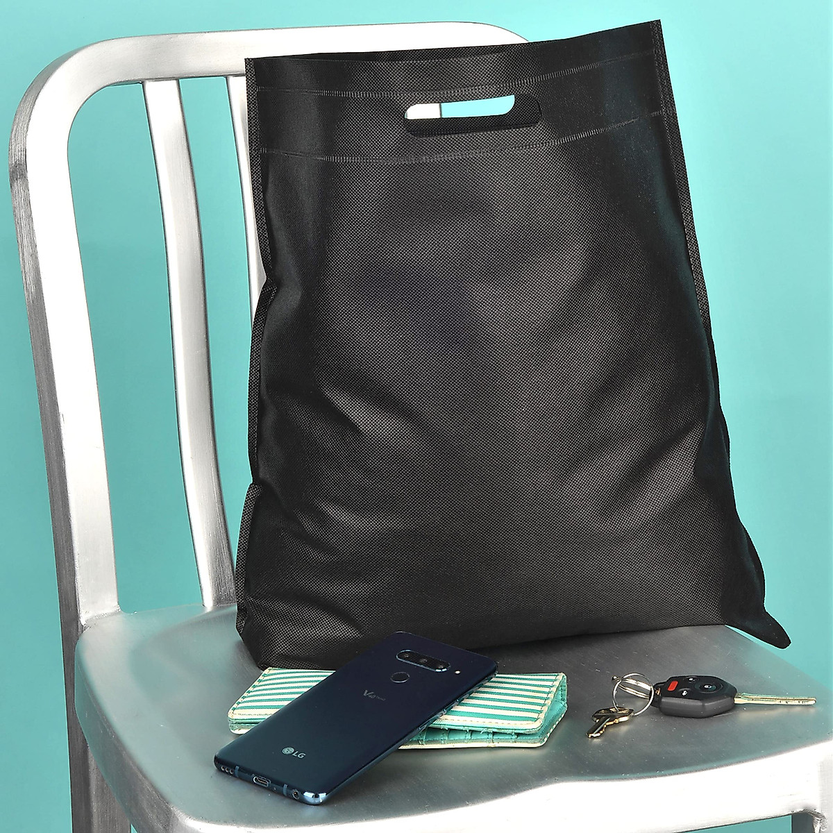 Thank You Bags with Handles - 15x16 Inch 25 Pack Reusable Black Fabric Totes with Handles for Small Business, Retail, Boutique Use, Shopping & Merchandise, Delivery & Restaurant Take Out Bags, in Bulk