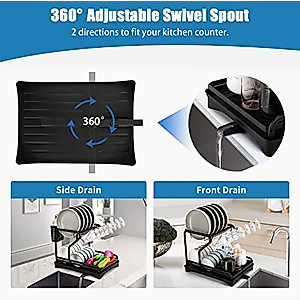 YWCMESDM Dish Drying Rack, Multifunctional Dish Rack with Drainboard & Utensil Holder, 2 Tier Stainless Steel Dish Racks, Dish Drainers with a Large Capacity for Kitchen Counter (Black)