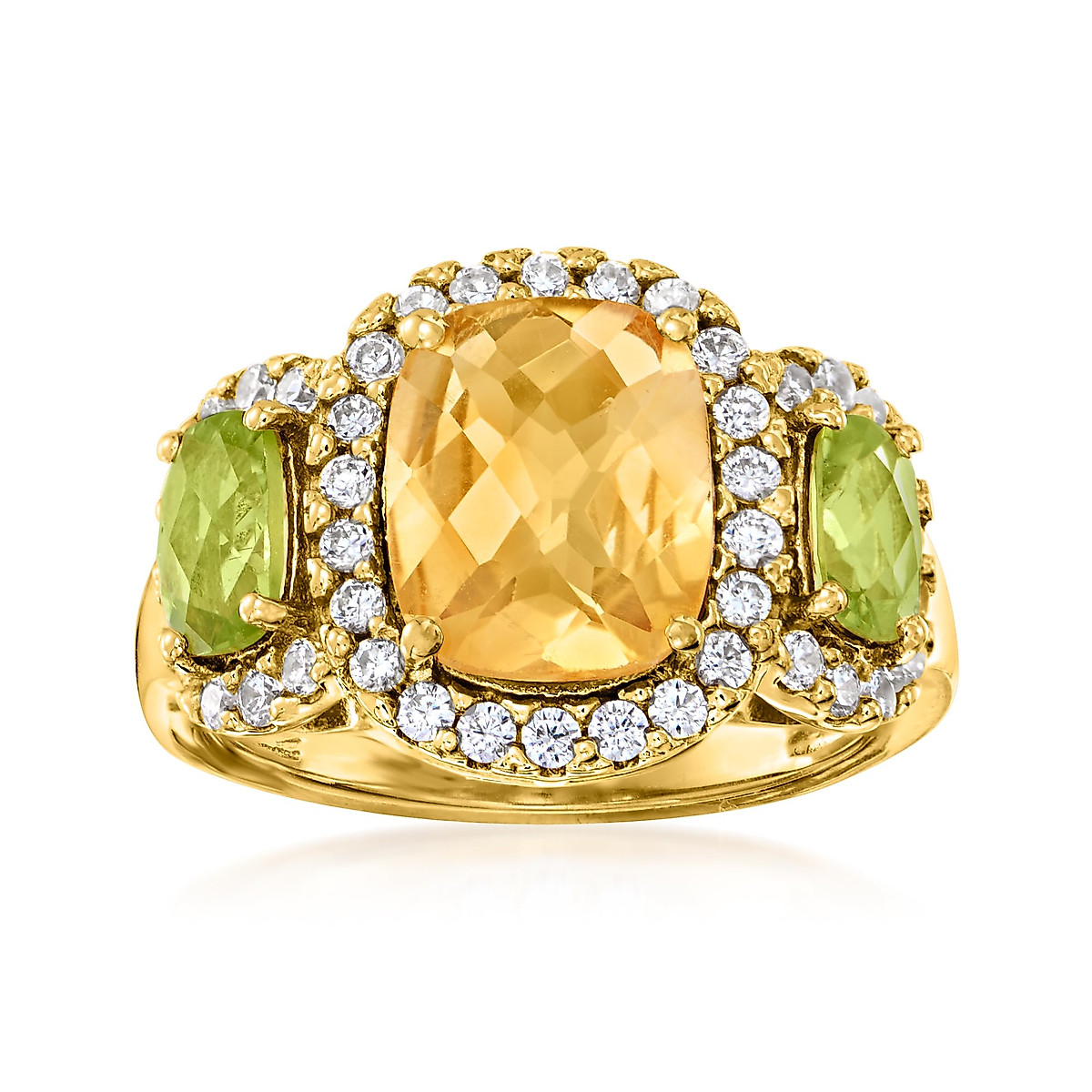 Ross-Simons 2.90 Carat Citrine Ring With 1.20 ct. t.w. Peridots and .80 ct. t.w. White Zircon in 18kt Gold Over Sterling. Size 9