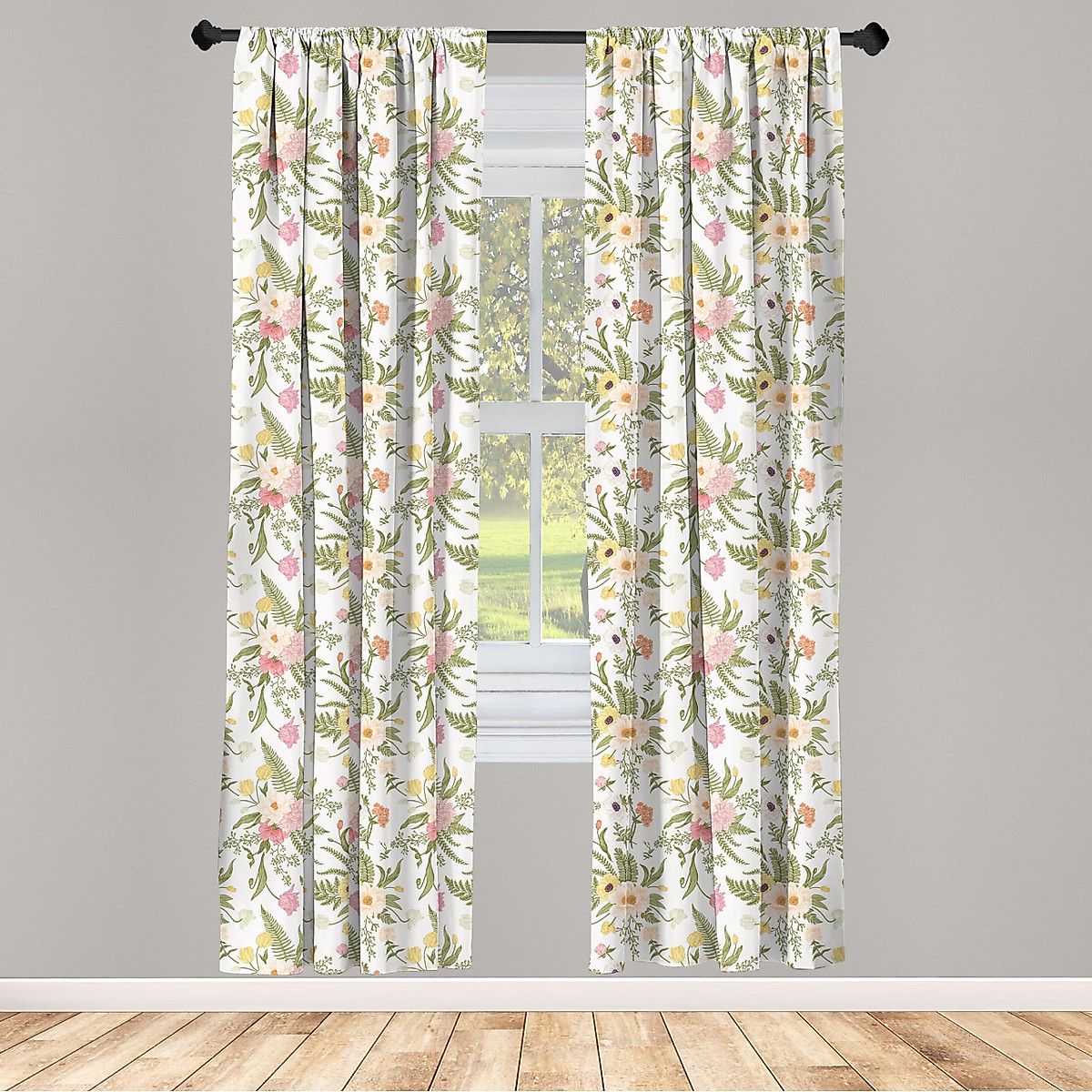 Ambesonne English Garden Curtains, Repetitive Floral Pattern with Vintage Different Flowers Bouquet, Window Treatments 2 Panel Set for Living Room Bedroom, Pair of - 28" x 84", Yellow Beige