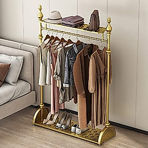 Clothing Rack Gold, Industrial Clothes Rack for hanging Clothes with Double Shelves Freestanding Multi-functional Heavy Duty Garment Rack, Metal Movable Portable Coat Rack for Organizing Clothes Shoes