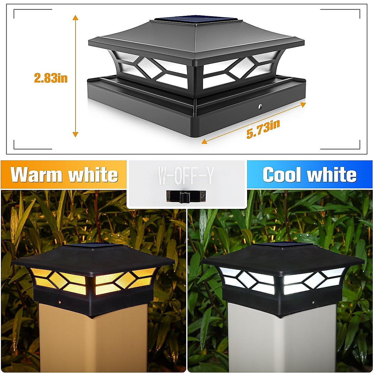 VOLISUN Solar Post Cap Lights Outdoor,Deck Fence Post Cap Lights Solar Powered 6Pack for 4x4/6x6 Wooden/Vinyl,Waterproof Warm/Cool Lighting Black Solar Outdoor LED Post Light for Garden/Patio