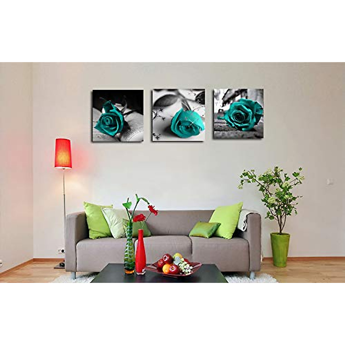 Canvas Wall Art Teal Rose Flowers Pictures Wall Decor -36" x 12" Gray Canvas Prints Painting Framed for Bathroom Bedroom Home Decor