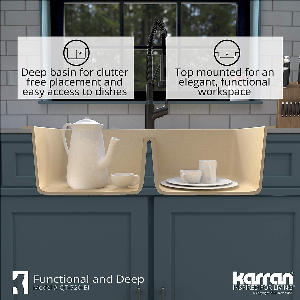 Karran QT-720 Drop-In Quartz Composite 34 in. 1-Hole 50/50 Double Bowl Kitchen Sink in Bisque
