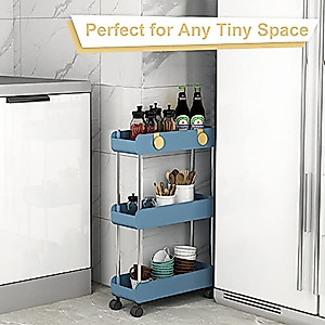 Slim Storage Cart, 3 Tier Mobile Shelving Unit Organizer, Slide Out Rolling Utility Cart Shelf Rack for Kitchen Bathroom Laundry Room Narrow Places, Plastic & Stainless Steel, Navy Blue
